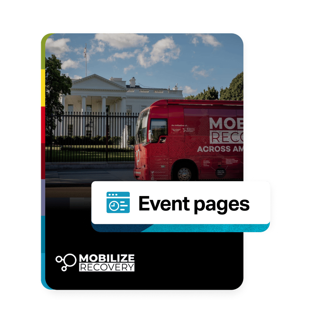 A tour bus for the Mobilize Recovery organization parked in front of the White House, highlighting the Event pages overlay.
